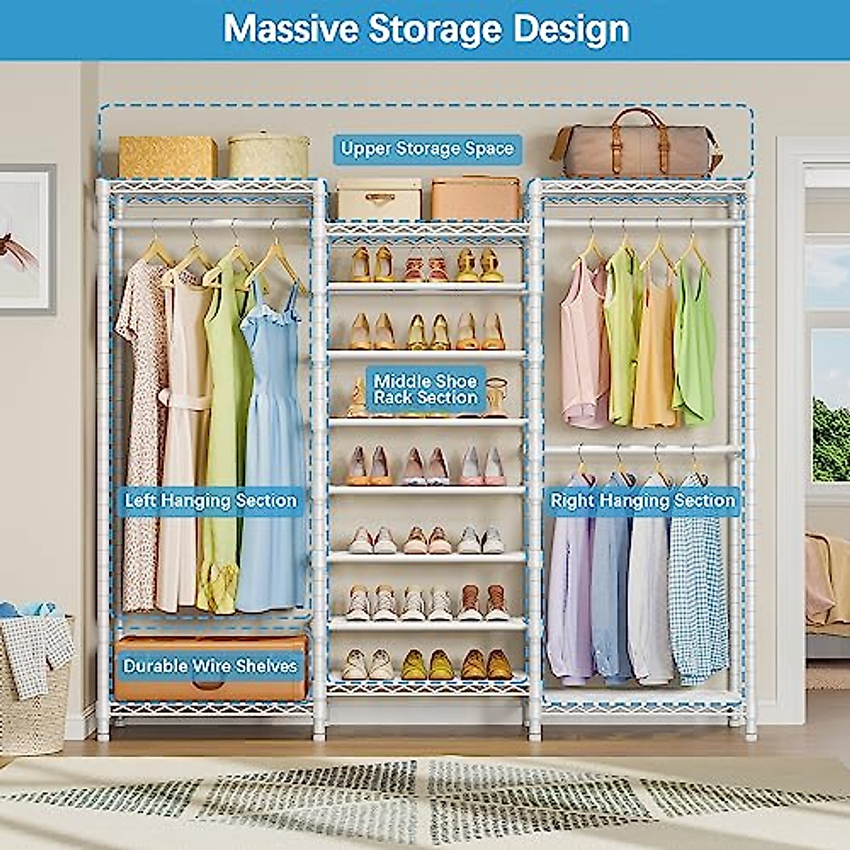 VIPEK S3C Heavy Duty Portable Closet, Adjustable Shoe Rack Wire Shelf, Large Wardrobe Organizer for Bedroom Storage, Free Standing Clothes Rack, Custom White Rack with Black Cover