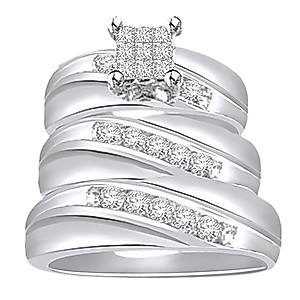 AFFY White Natural Diamond Engagement & Wedding Trio Band Ring Set in 14k White Gold Over Sterling Silver (0.67 Carat)