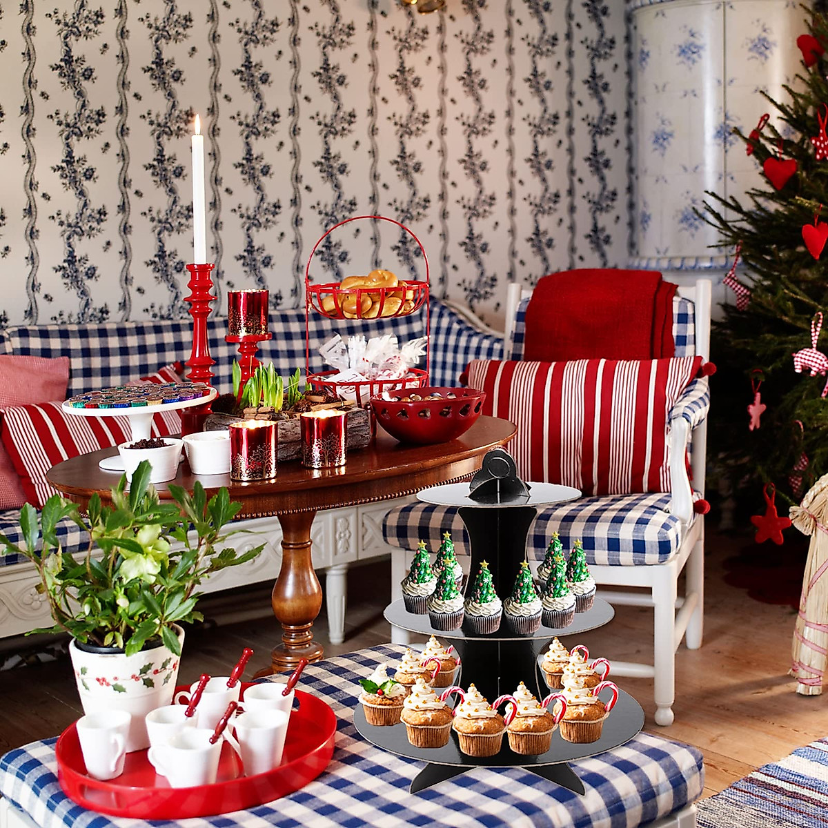 7 Set Black Cupcake Stand 3-Tier Cardboard Cupcake Tower Stand Disposable Cake Stand Holders Rectangle Serving Tray 1-Tier Round Cake Stand Platters for Easter Party Supplies