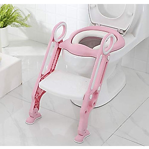 Potty Training Seat with Step Stool Ladder and Handles for Baby Toddler Kid Children Boys and Girls Toilet Training Chair with Padded Soft Cushion and Non-Slip Wide Step (Pink White)