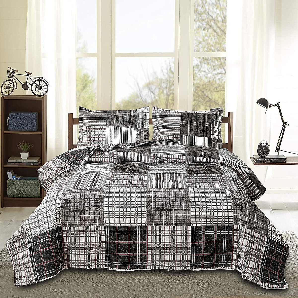 Bedspread Set Queen/Full Size Quilt Set Plaid Bed Spread Coverlet Black White Grey Plaid Patchwork Stripe Modern Quilt Bedspread Bedding Soft Lightweight Reversible Home Mens Quilts for Queen Bed