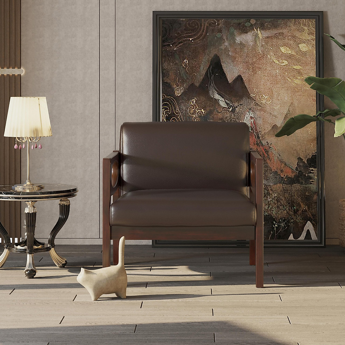 PU Leather Accent Chair, Mid-Century Modern Armchair with Solid Wood Legs, Reading Leisure Chair with High Back for Living Room Bedroom Waiting Room(Espresso)