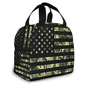 American Flag With Green Camo Lunch Bag Insulated Water-Resistant Tote Bag Reusable Lunch Box For Picnic Travel