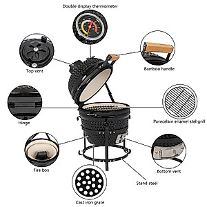 Vasitelan 13 inch Portable Ceramics Charcoal Grill,Kamado BBQ Charcoal Grill (Style 2-Black)
