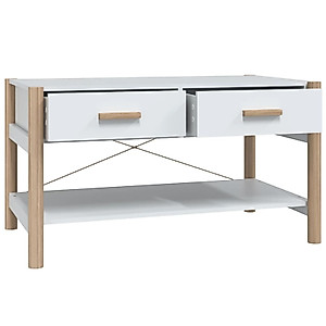 Tidyard Coffee Table with 2 Storage Drawers and Shelf, Engineered Wood Sofa Side Table, Wooden Couch End Table for Living Room 32.3 x 18.9 x 17.7 in White Small Space