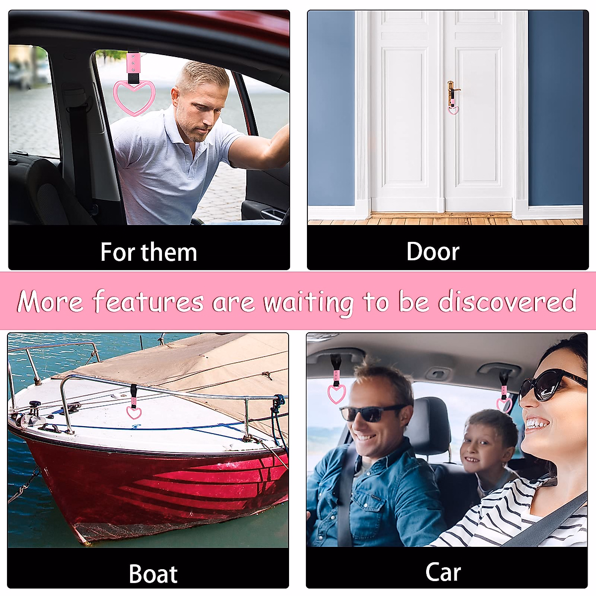 4 Pieces Rings Heart Shaped Car Handle Straps Bumper Warning Ring Decor Subway Bus Heart Handle for Car Interior (Pink)