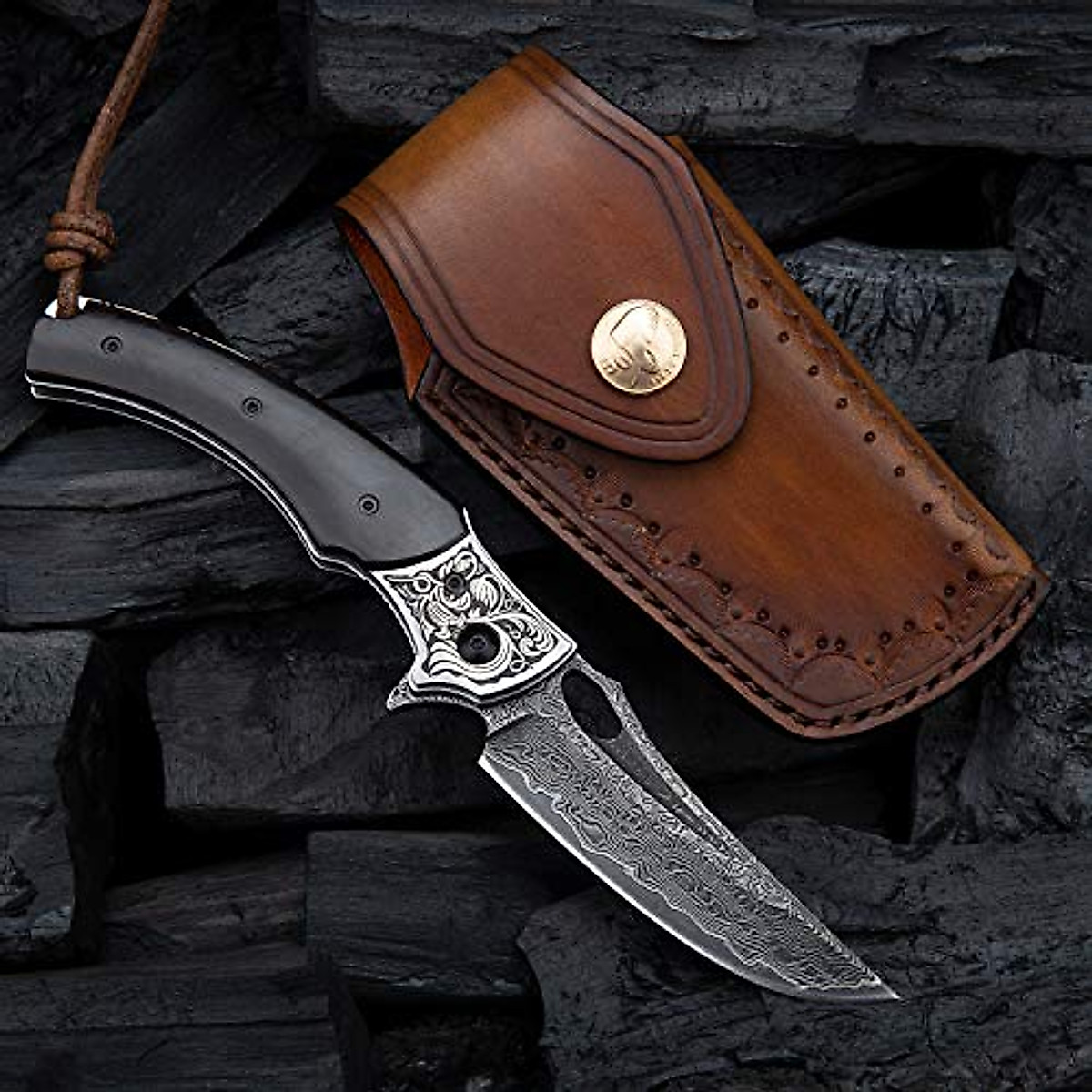 SPIRIT DEED 3.5in handmade japanese vg10 damascus steel blade folding pocket knife for men and women,leather sheath,ebony wood handle,liner lock,edc outdoor knives for camping