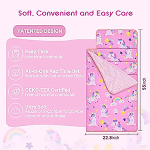 smttw Nap Mat with Removable Pillow & Fleece Blanket, Extra Long Toddler Nap Mats for Daycare-Measures 55 x 23 x 2 Inches, Kids Sleeping Mat Toddler Sleeping Bag,Unicorn