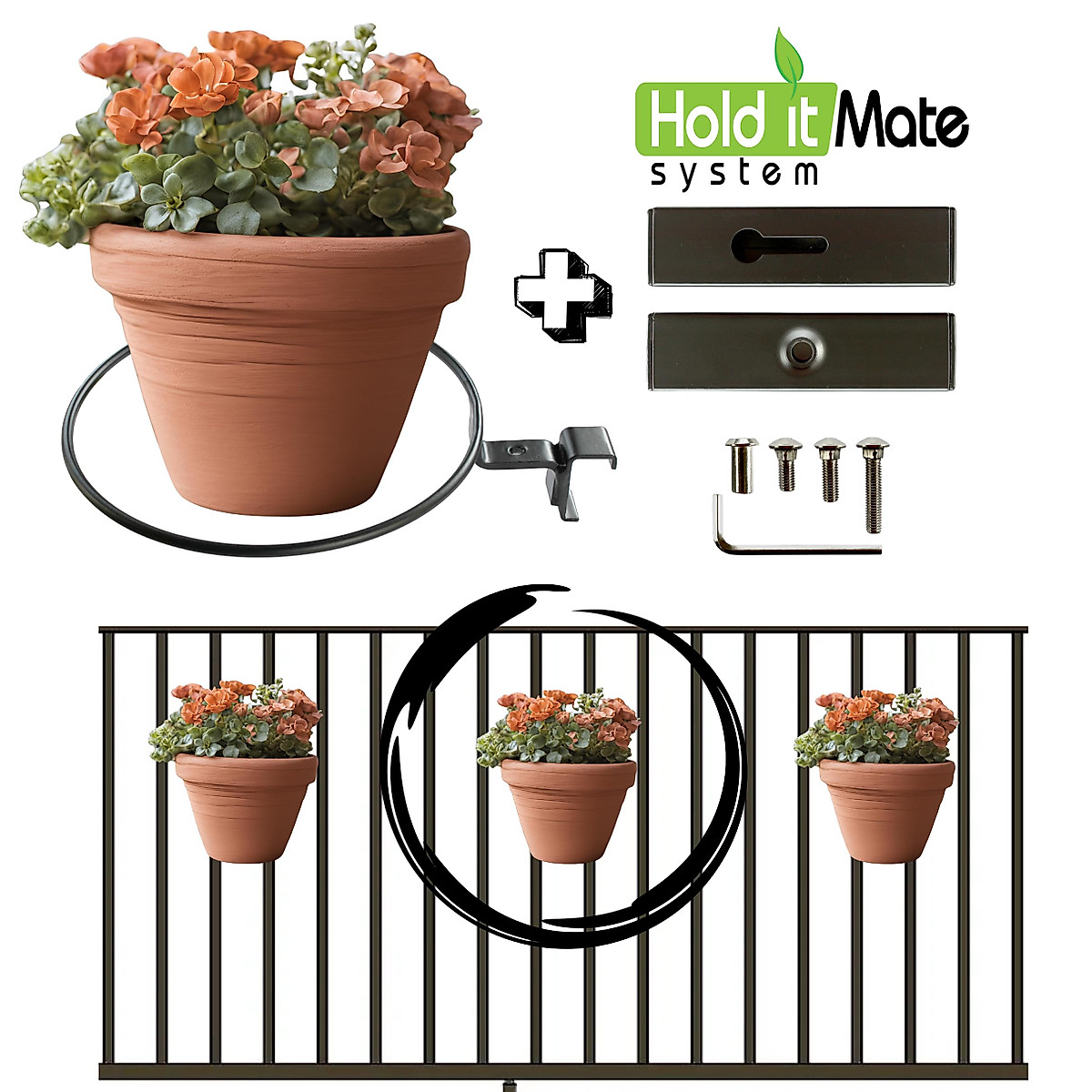 Deck Railing Plant Container Holder/Bracket Kit for Round Pot Planters (10") Connects Harmlessly to Vertical Spindled Railings - Adjustable Height - Heavy Duty Plant Hanger