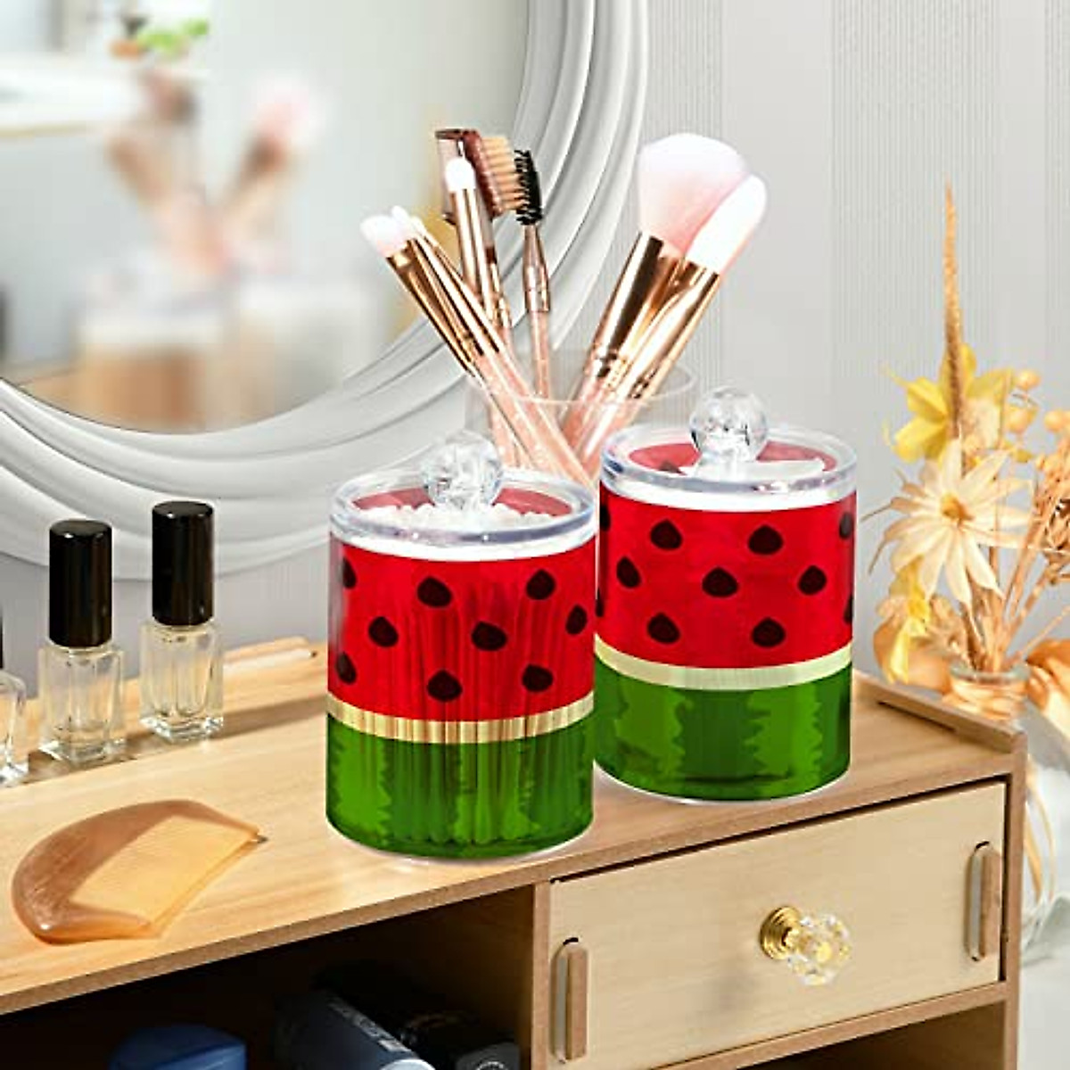 Red Watermelon Green Qtip Dispenser Apothecary Jars Bathroom Qtip Holder Storage Canister Plastic Jar 10 Oz for Cotton Ball Swab Round Pads Floss 4pcs