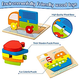 Wooden Vehicle Puzzles Toy Gift for 1, 2, 3 Years Old Boys Girls, Toddler Best Birthday Gift with 6 Vehicle Baby Montessori Color Shapes Learning Puzzles - Kids Educational Developmental Toys