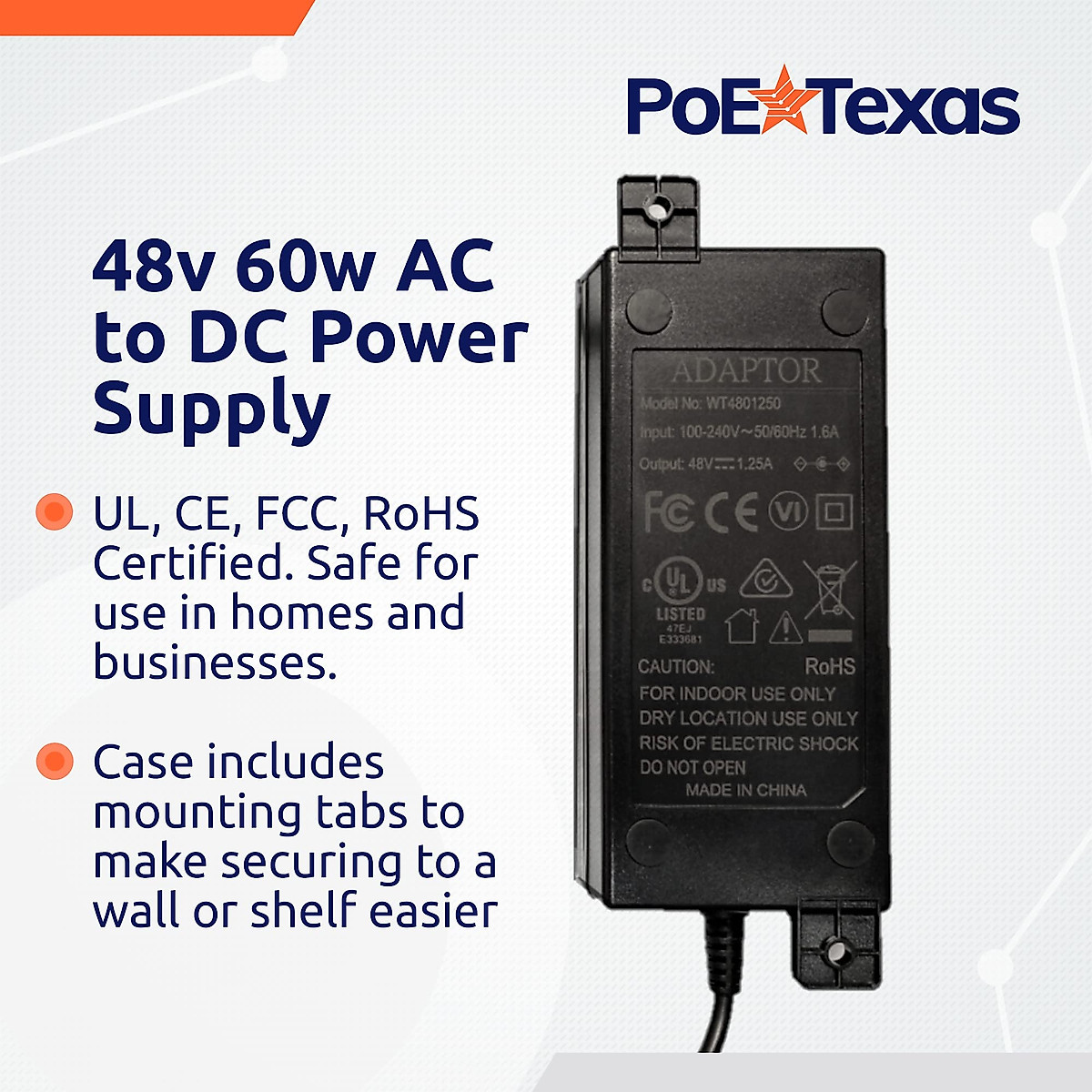 PoE Texas 4 Port PoE Injector - Gigabit Passive Power Over Ethernet and PoE Texas 48v Power Supply - 48 Volt 60 Watt AC to DC Power Supply