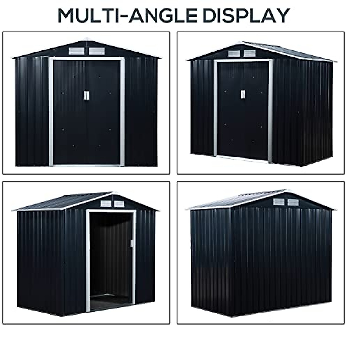 Outsunny 7' x 4' Steel Storage Shed Organizer, Garden Tool House with 4 Vents and 2 Easy Sliding Doors for Backyard, Patio, Garage, Lawn, Dark Grey