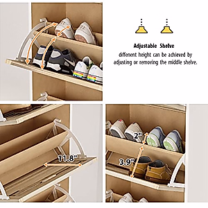 Hitow Shoe Storage Cabinet, Narrow Shoe Cabinet with 4 Drawers & Adjustable Shelf, Tall Entryway Freestanding Shoe Rack with Shutter Doors, Natrual (21.7" W x 9.8" D x 64" H)