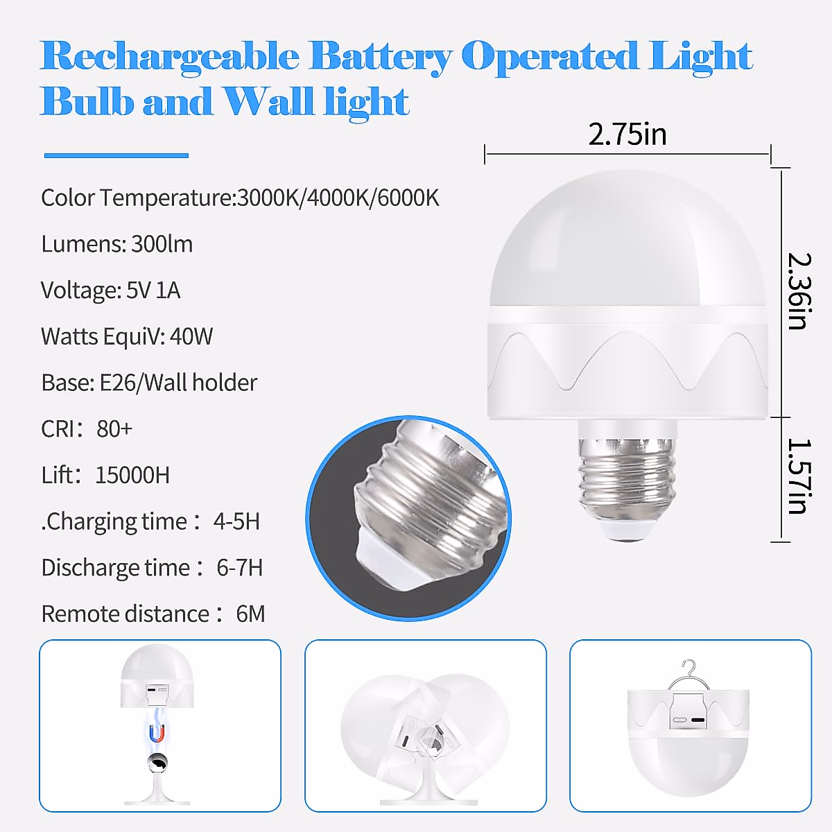 MXhme Rechargeable Light Bulbs with Remote Control No Wiring Required, Battery Operated Light Bulb Timer,Magnetic 360°,310lm,3 Color Temperature RGB Colors Dimmable,40 Watt Equivalent,1P