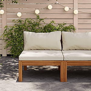vidaXL Solid Acacia Wood Sectional Middle Sofa with Cream White Cushions for Outdoor Patio Lounge Configuration