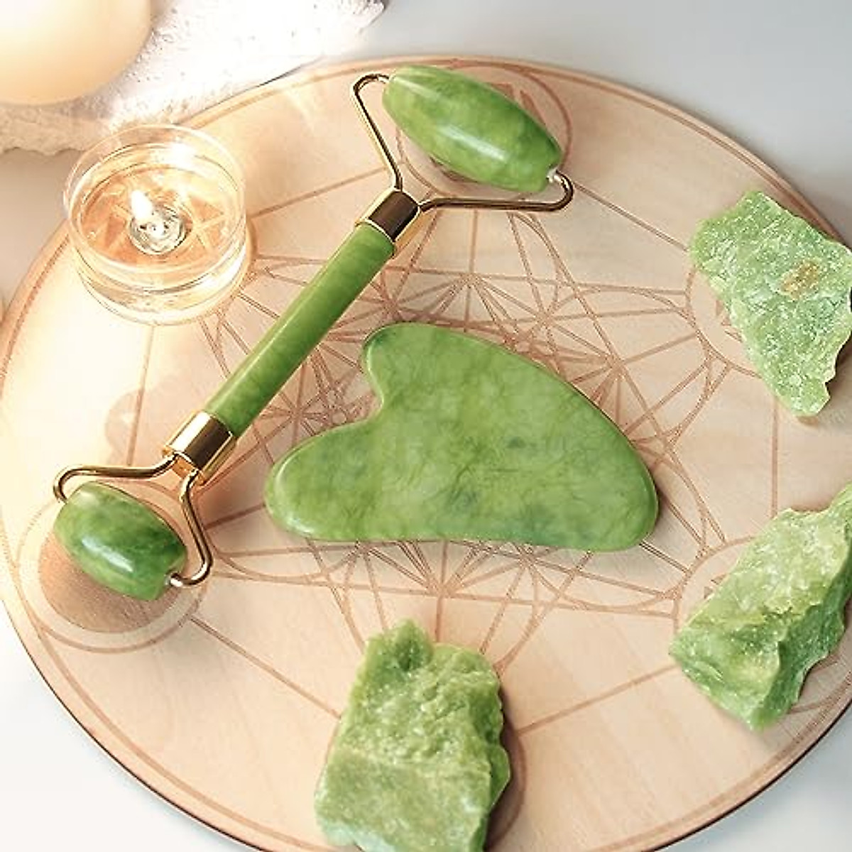 BAIMEI Jade Roller & Gua Sha Facial Tools Face Roller and Gua Sha Set for Skin Care Routine and Puffiness - Green