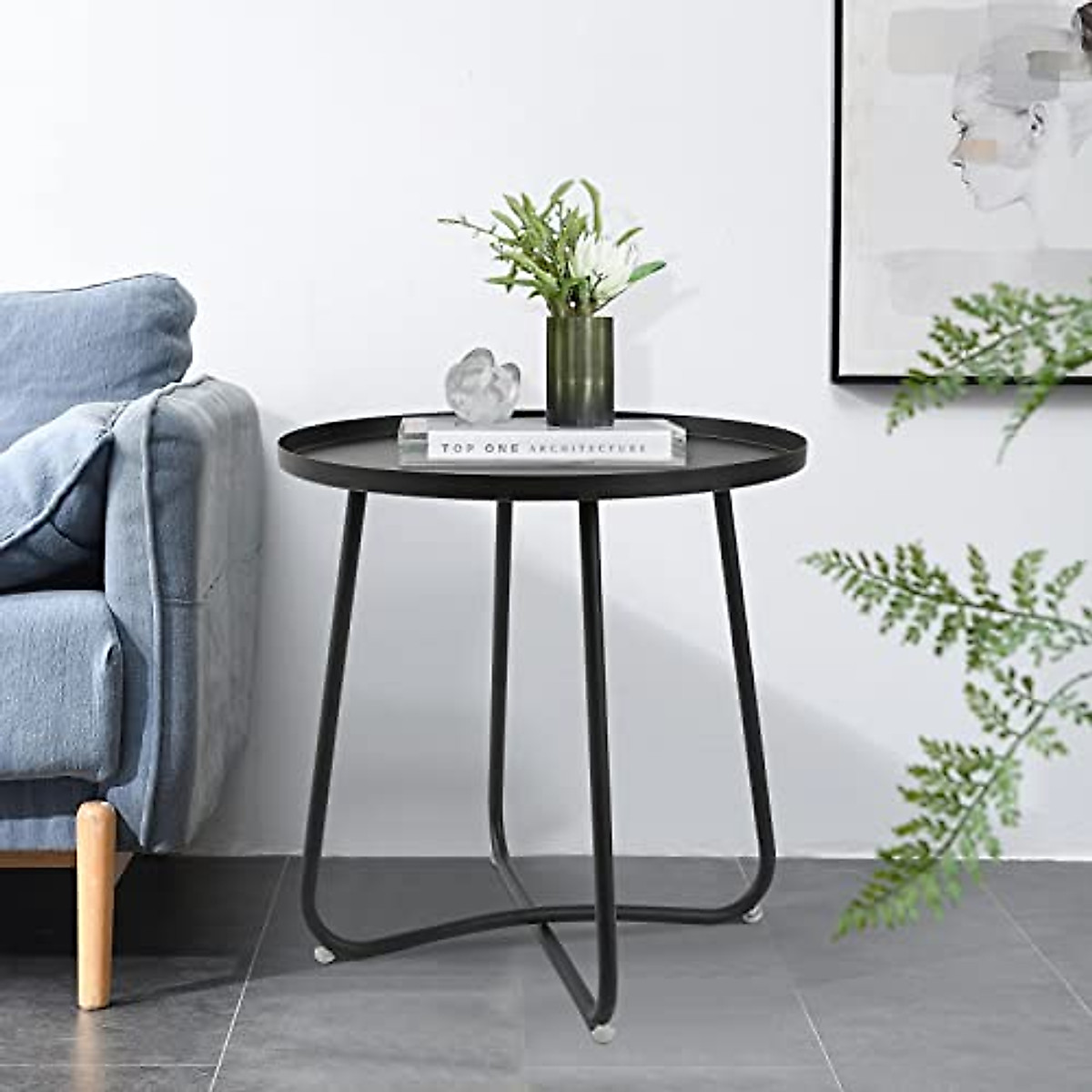 ECOMEX Patio Side Table, Round Outdoor Metal Side Table Small Sofa End Table, Patio Waterproof Accent Coffee Table for Living Room Bedroom Garden Balcony Patio(Black)