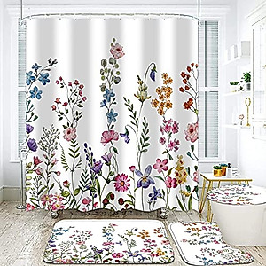 DDQQ 4Pcs Flower Shower Curtain Set with Non-Slip Rugs, Toilet Lid Cover and Bath Mat, Colorful Floral Shower Curtain with 12 Hooks, Waterproof Watercolor Boho Bath Curtain for Bathroom Decor