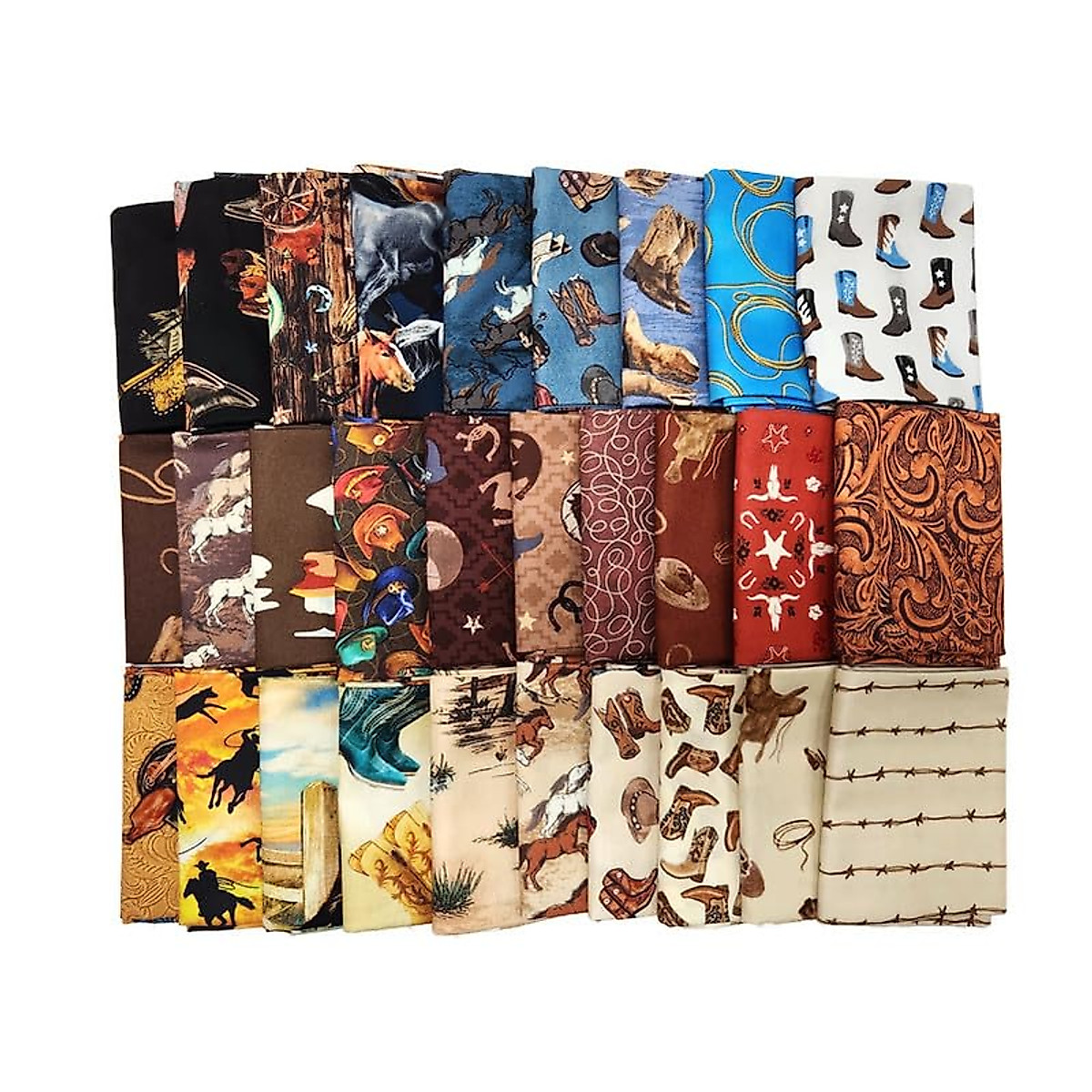 10 Fat Quarters - Assorted Western Cowboys Old West Out West Horses Rodeo Horse Lasso Boots Horseshoes Quilters Cotton Fabric Bundle M221.11
