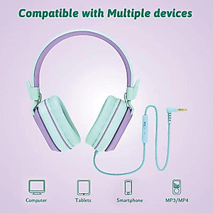 Riwbox Kids Headphones Wired,CS6 Stereo Sound Foldable Headphones for Kids Over Ear Toddler Headphones with Mic and Volume Control Compatible for Smartphones, PC and Tablets (Purple&Green)