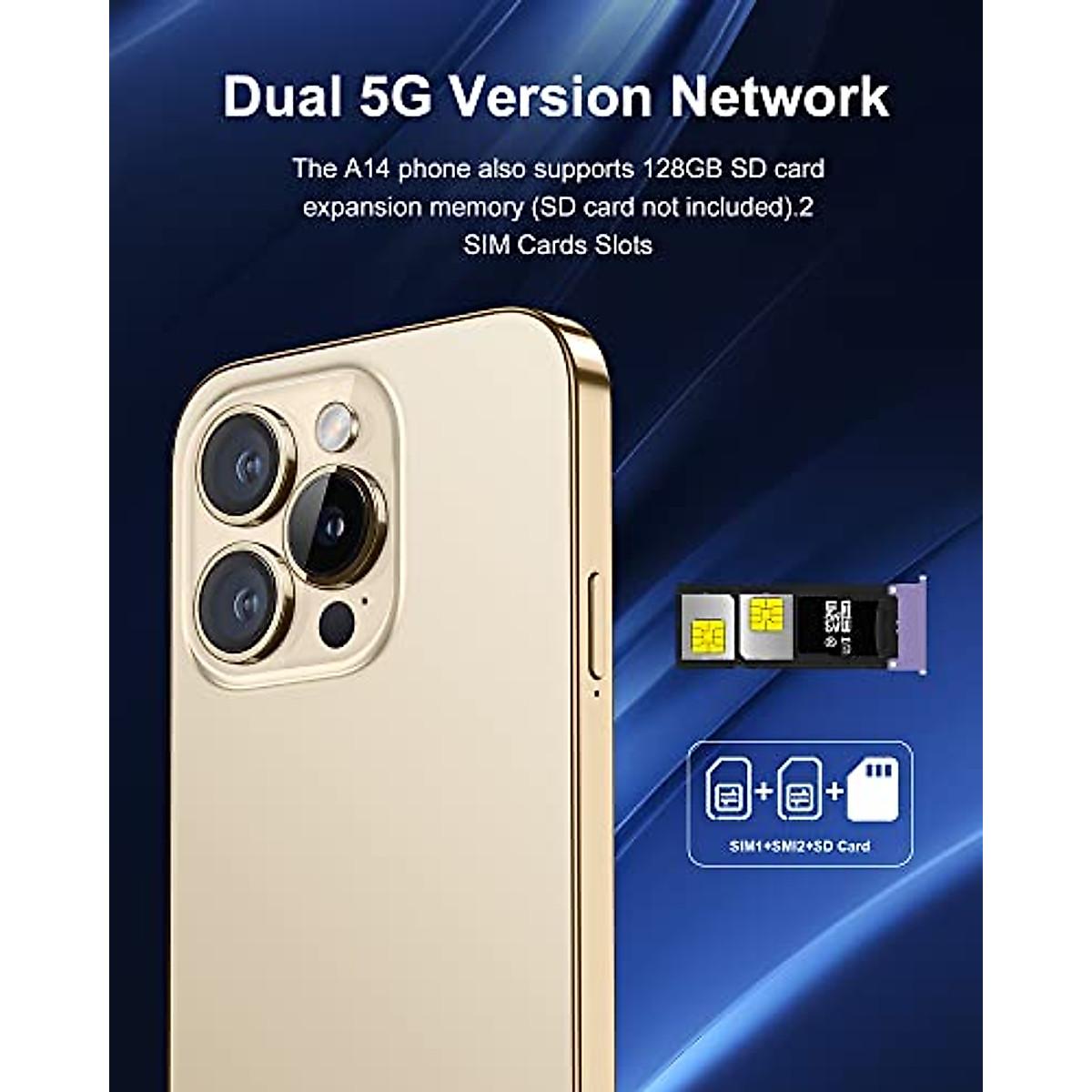 WV LeisureMaster A14 Pro Max 5G Unlocked Smartphone - 6GB+128GB Fully Unlocked Cell Phone for Android 11, 7.3", 7300mAh, 50MP+108MP Dual Camera（Gold）