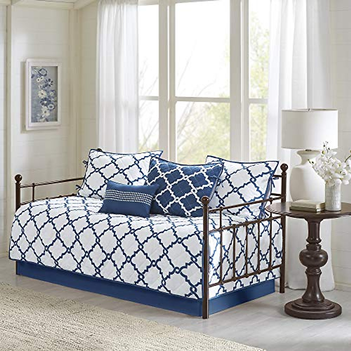 Madison Park Essentials Merritt Reversible Daybed Cover-Fretwork Print, Diamond Quilting All Season Cozy Bedding with Bedskirt, Matching Shams, Decorative Pillow, 75"x39", Navy 6 Piece