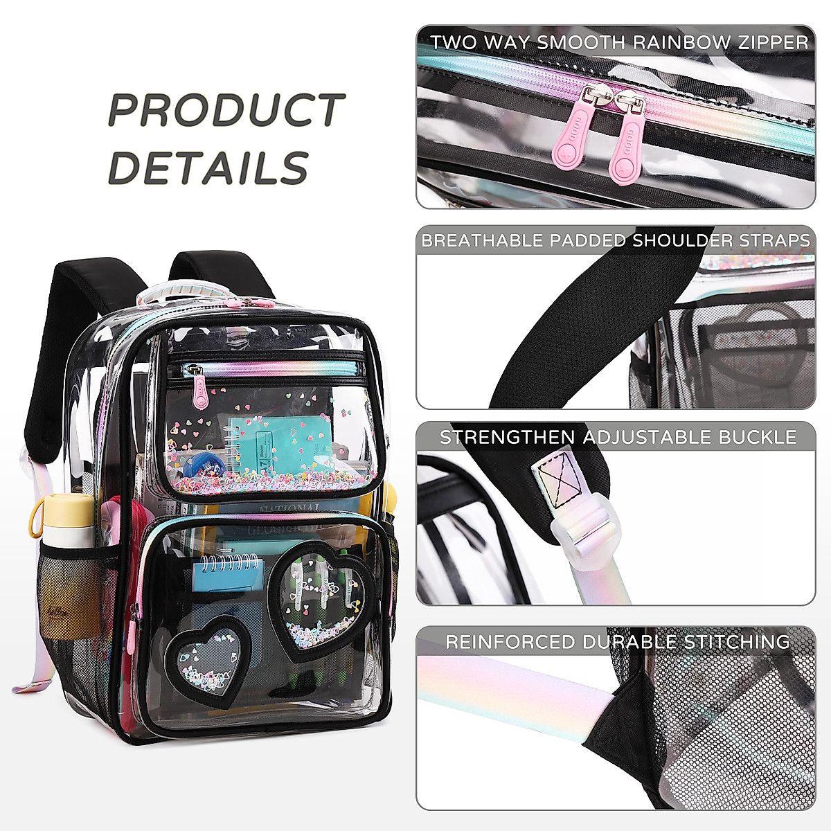 KIDNUO Clear Backpack for Girls Kids Elementary Bookbags Transparent Stadium Approved Travel Daypack See Through Middle College School Bag Large Laptop Backpack for Women Teens Students (Black)