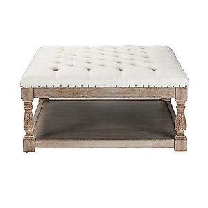 HULALA HOME Large Leather Square Ottoman Coffee Table with Storage, Button Tufted Brown Cocktail Ottoman with Shelf & Solid Wood Legs, Upholstered Farmhouse Footrest Ottoman for Living Room