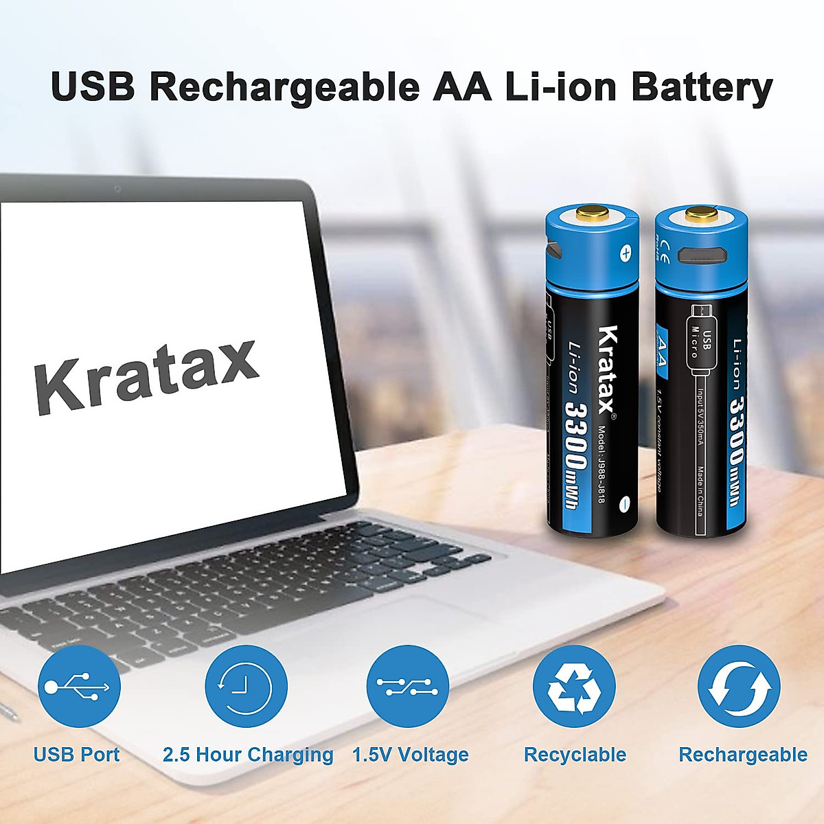 Kratax Rechargeable AA Batteries USB, 3300mWh Lithium USB Double A Batteries, 1.5V Constant Outpout, 4-in-1 USB Charging Cable, LED Charge Indicator, Over 1100 Cycles for Toys, Xbox Controller-4 Pack