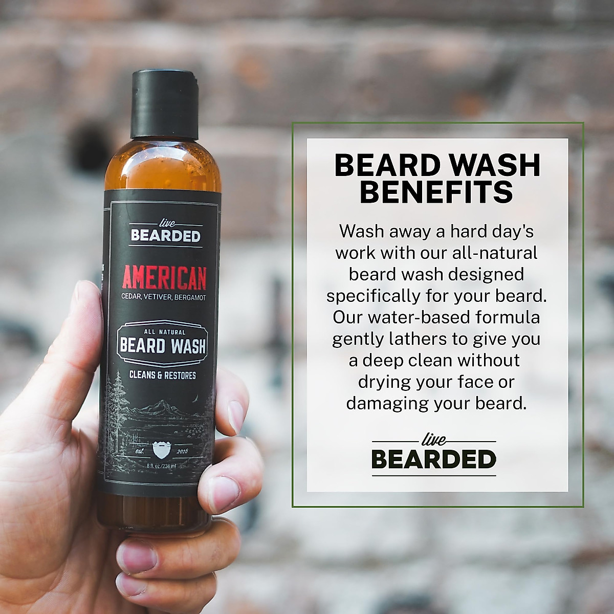 Live Bearded Beard Wash, 8 fl oz - Water-Based Face Cleanser with All-Natural Ingredients for a Gentle, Deep Clean - Made in the USA | American Scent - Cedar, Pine, Vetiver, Bergamont