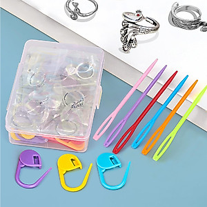 GYSYELL 8 Pcs Crochet Ring with 30 Stitch Markers and 6 pcs Large Eye Plastic Sewing Needles,Crochet Ring for Finger with Storage Box,Crochet Tension Ring for DIY Crocheting and Sewing Crafts