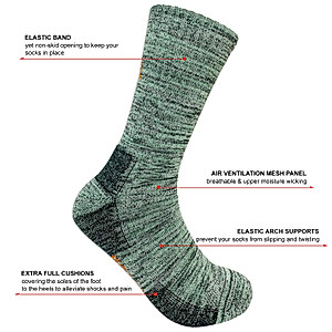 KONY Men's 5 Pairs Thick Cushion Hiking Walking Socks, Wicking Outdoor Sports Crew Socks (Mix-1, Large(US shoe size 11-14))