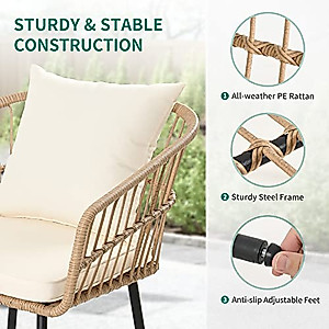 YITAHOME 3 Pieces Outdoor Wicker Patio Conversation Bistro Set, All-Weather Rattan Patio Furniture Set with Table & Cushions, Outdoor Sectional Sofa for Patio, Balcony, Backyard, Deck