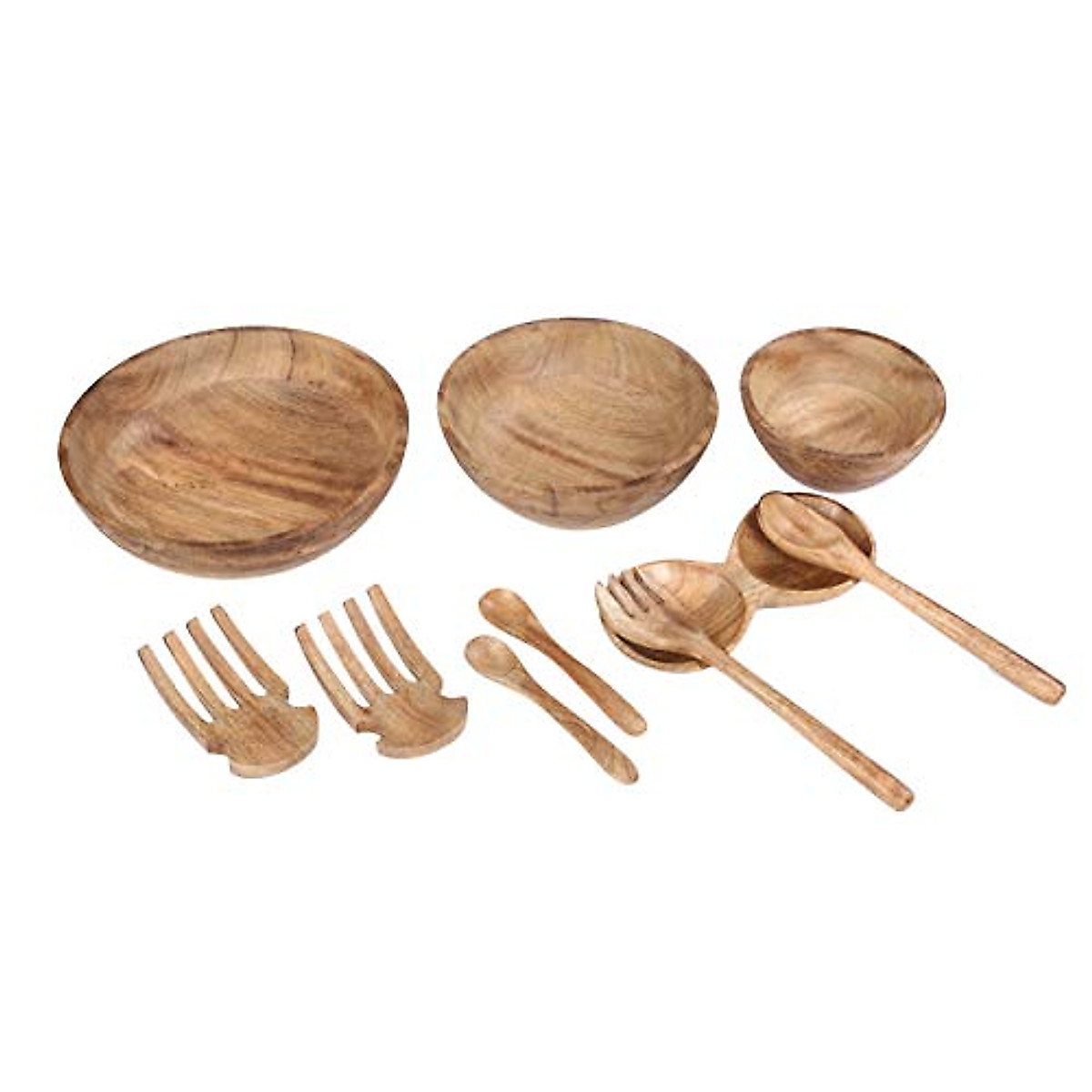 Winlay Wooden Serving Bowls with Spoon set 3 Mango Wooden Salad Bowl along with spoons and Salad Bowls mixer kitchen bowls Popcorn bowls 3 Size 10" x 7.75" x 6" Width, Burn Brown finish