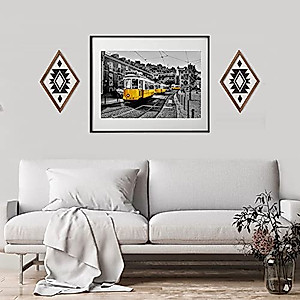 Mokof 2 Pack Wood Wall Decor, Boho Art, Diamond Framed Black and White Geometric Art Decor for Bedroom Living Room, Southwestern Wall Sign Prints on Wooden Board (Not Print Paper)