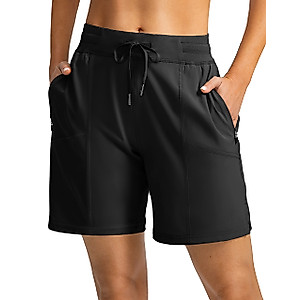 Soothfeel Women's Hiking Cargo Shorts with 4 Pockets 7 Inch Long Quick Dry Athletic Golf Shorts for Women Casual Summer (Black, XL)