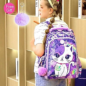 3PCS Cat Backpack for Girls, 16" Sequin Bookbag and Lunch Box for Kids, Water resistant Preschool Backpacks for Elementary Students