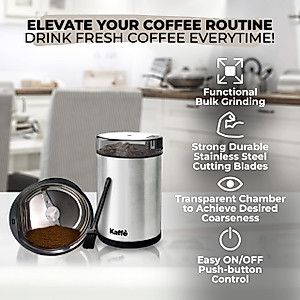 Kaffe Coffee Grinder Electric - Spice Grinder w/Cleaning Brush, Easy On/Off - Perfect for Espresso, Herbs, Spices, Nuts, Grain - 3.5oz / 14 Cup. Stainless Steel