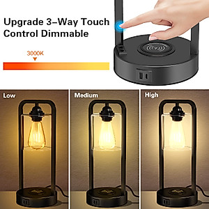 Wireless Charging Table Lamp Set of 2, Touch Control Dimmable Bedside Nightstand Lamps with Type C USB Port + AC Outlet, Glass Shade Desk Lamps Industrial Table Lamps for Bedroom, 6W Bulbs Included