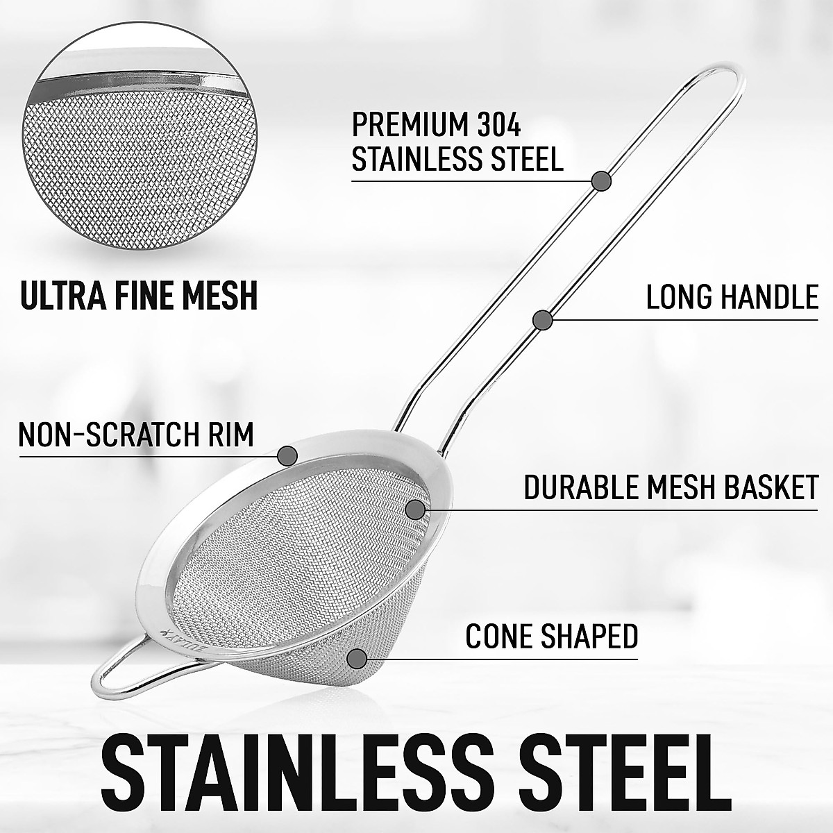 Zulay Stainless Steel Cocktail Strainer - Effective Cone Shaped Fine Mesh Strainer For Tea Herbs, Coffee & Drinks - Rust-Proof Tea Strainers For Loose Tea - Easy to Clean Drink Strainer (Silver)