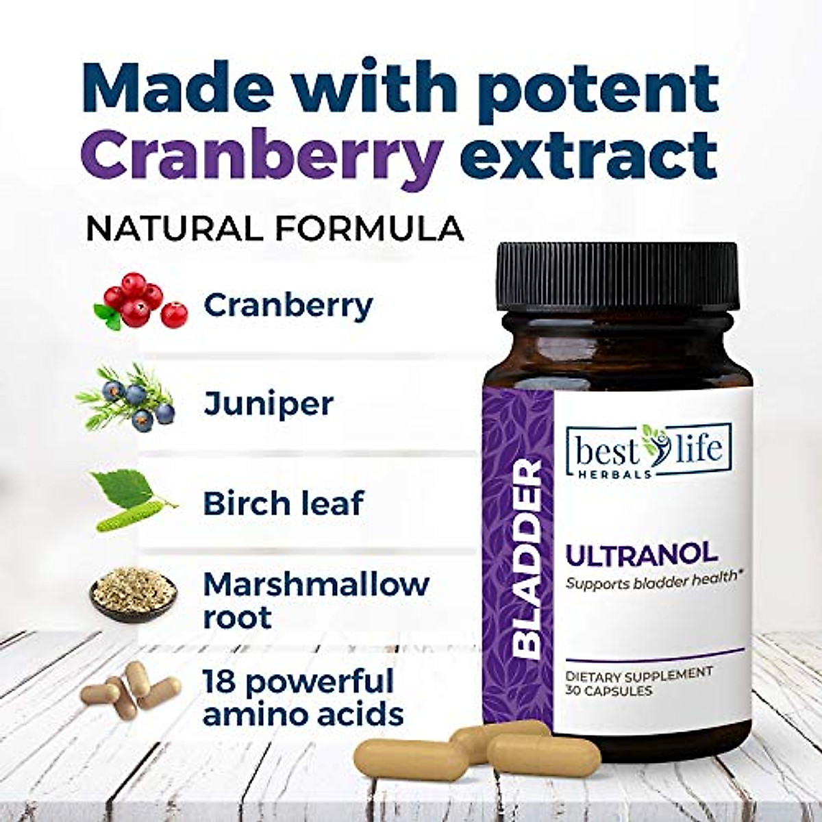 Ultranol Total Bladder Support - Natural Cranberry Supplement for Urinary Health, Overactive Bladder Control, Incontinence - Reduces Leaks and Urgency - 1 Bottle - 30 Capsules