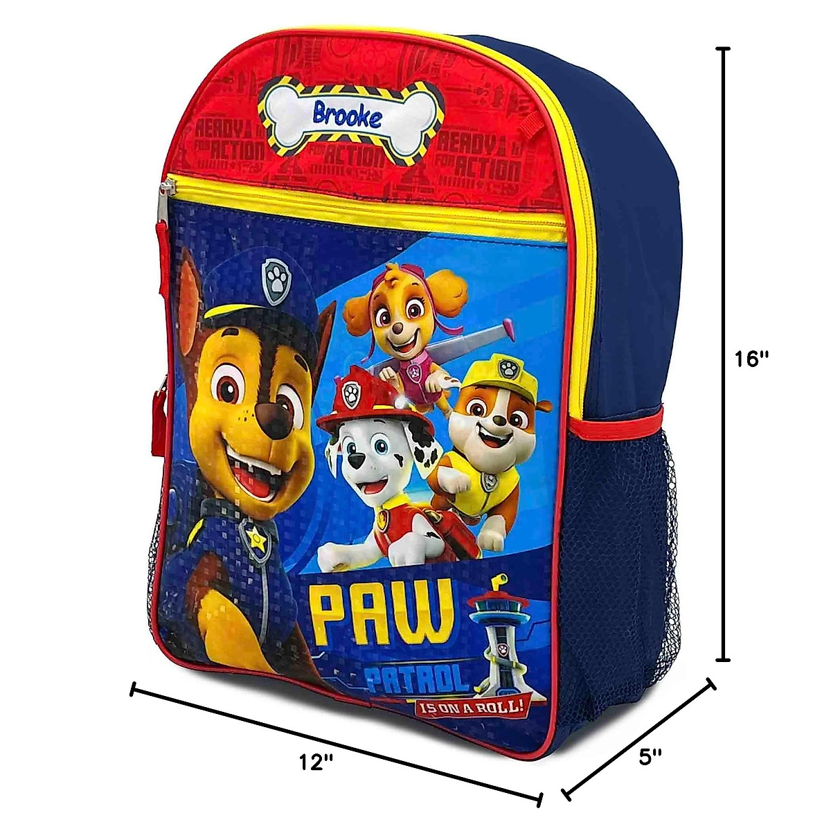 DIBSIES Personalized 16" Paw Team - Chase, Marshall, Rubble, and Skye Is On A Roll Backpack with Bonus Lunch Bag, Carabiner Clip, and Character Dongle