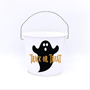 Personalized Halloween Ghost Name Pail - Choose The Color - Metal Pail Bucket Basket Bag for Girls and Boys
