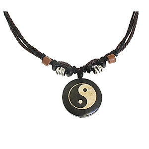 Surfer Cord Necklace With Ying Yang Carved Bone Pendant - Fully Adjustable - Black & Brown Cord