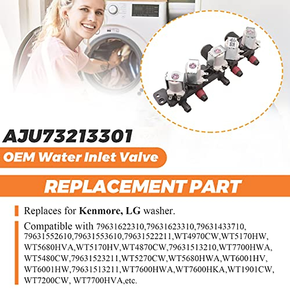 AJU73213301 Washer Water Inlet Valve (OEM part)with 10-year Warranty 2023 UPGRADED GENUNINE water valve replaces for Kenmore LG washing machines wt7200cw, wt5001c*, 79631522211, wt4801cw,wt1201cw,etc.