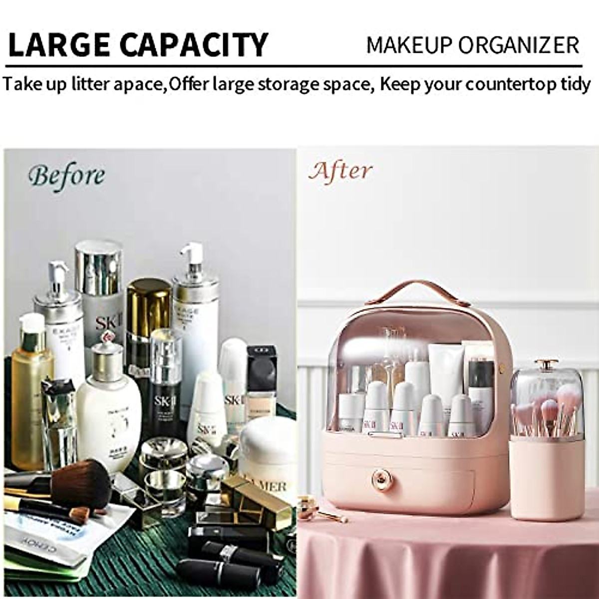 MIUOPUR Large Makeup Organizer with Brush Holder, Cosmetic Display Case with Drawer, Waterproof and Dustproof Transparent Cover, Portable Handle, Suitable for Bathroom and Bedroom -Pink