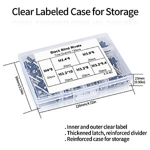 120Pcs Black Pop Rivets Assortment Kit - 6 SAE Sizes Aluminum Blind Rivets, Strong and Durable Assorted Blind Rivets, Blind Rivets Assortment Kit with Labeled Storage Case