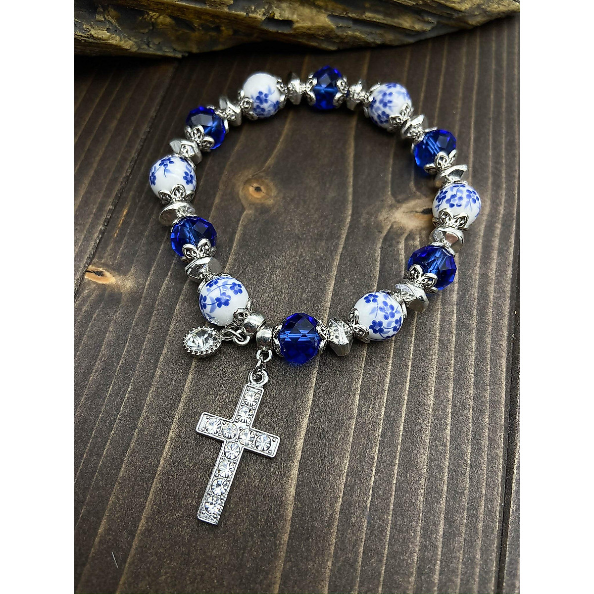 Nazareth Store Handmade Crystallized Glass Beads Cross Bracelet with Ceramic Flower Beads Religious Christian Bangle for Women and Men (Blue)