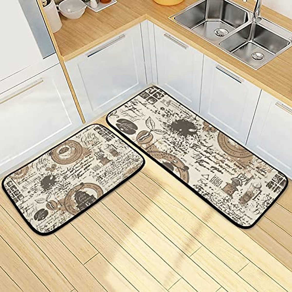 J JOYSAY Coffee Theme Symbol Retro Kitchen Rugs and Mat 2 Pieces Set Cushioned Anti Fatigue Kitchen Mat Non Slip Comfort Standing Mat Washable Farmhouse Decor for Kitchen Floor Home Office Laundry